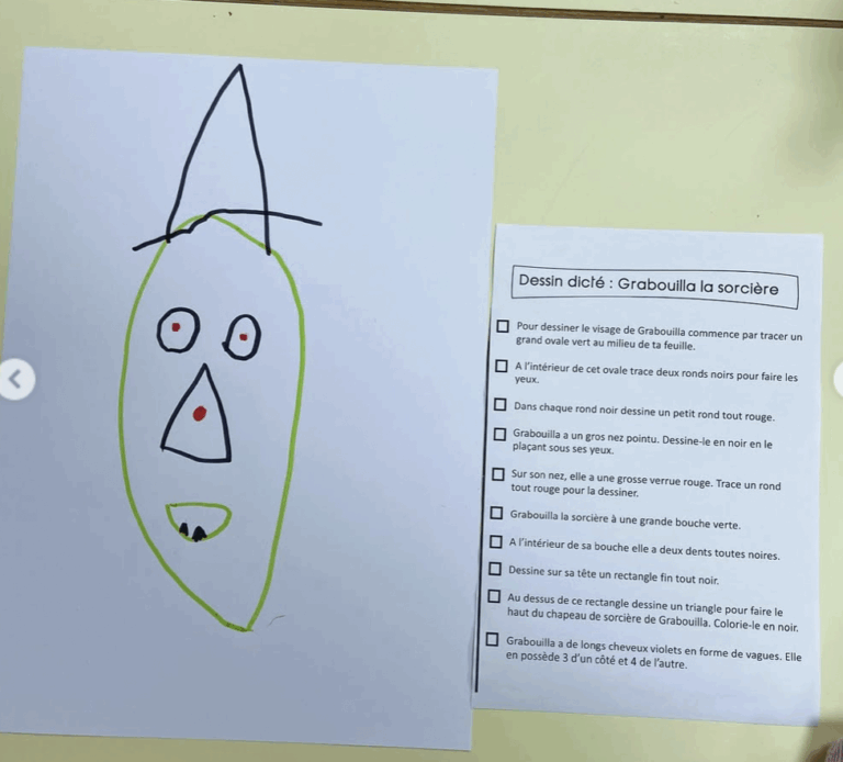 Dictée de dessin : grabouilla la sorcière – La maternelle pailletée